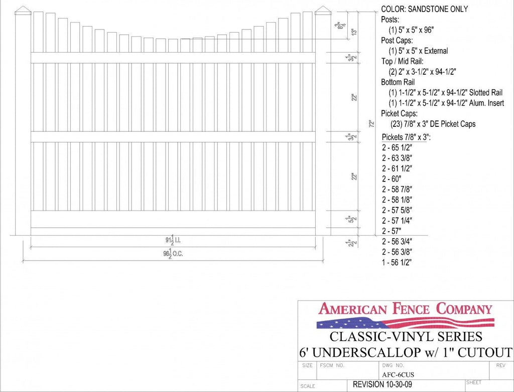 AFC6CUS 6' Tall x 8' Wide Underscallop Picket Fence with 1" Air Space ...